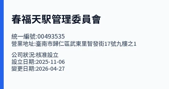 春福天駅管理委員會的照片-統編 00493535(臺南市) 公司登記資料與營業項目詳細圖表