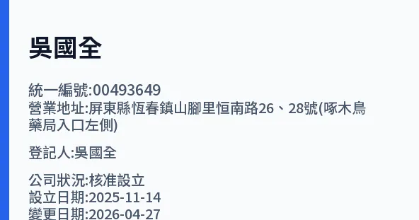 吳國全的照片-統編 00493649(屏東縣) 公司登記資料與營業項目詳細圖表
