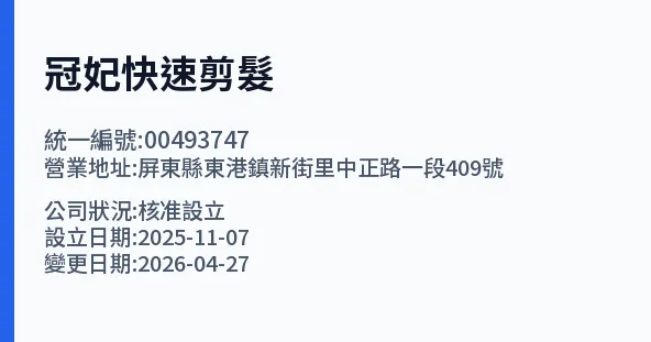 冠妃快速剪髮的照片-統編 00493747(屏東縣) 公司登記資料與營業項目詳細圖表