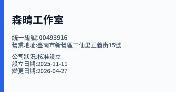 森晴工作室的照片-統編 00493916(臺南市) 公司登記資料與營業項目詳細圖表