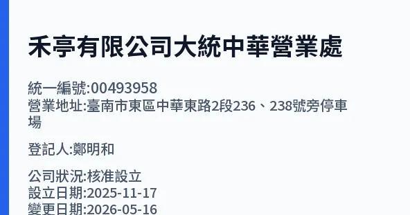 禾亭有限公司大統中華營業處的照片-統編 00493958(臺南市) 公司登記資料與營業項目詳細圖表