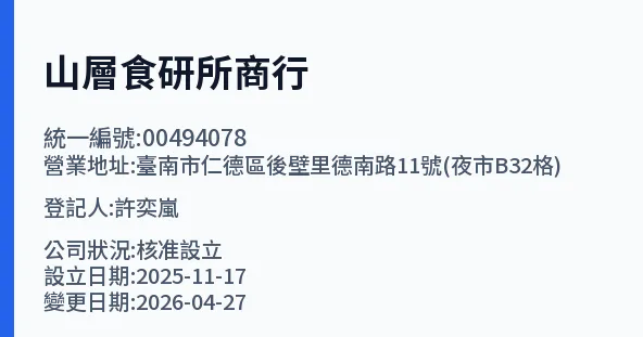 山層食研所商行的照片-統編 00494078(臺南市) 公司登記資料與營業項目詳細圖表