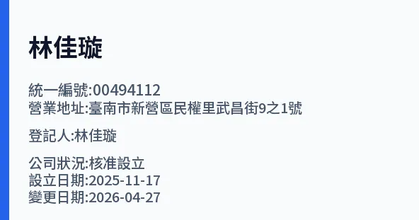 林佳璇的照片-統編 00494112(臺南市) 公司登記資料與營業項目詳細圖表