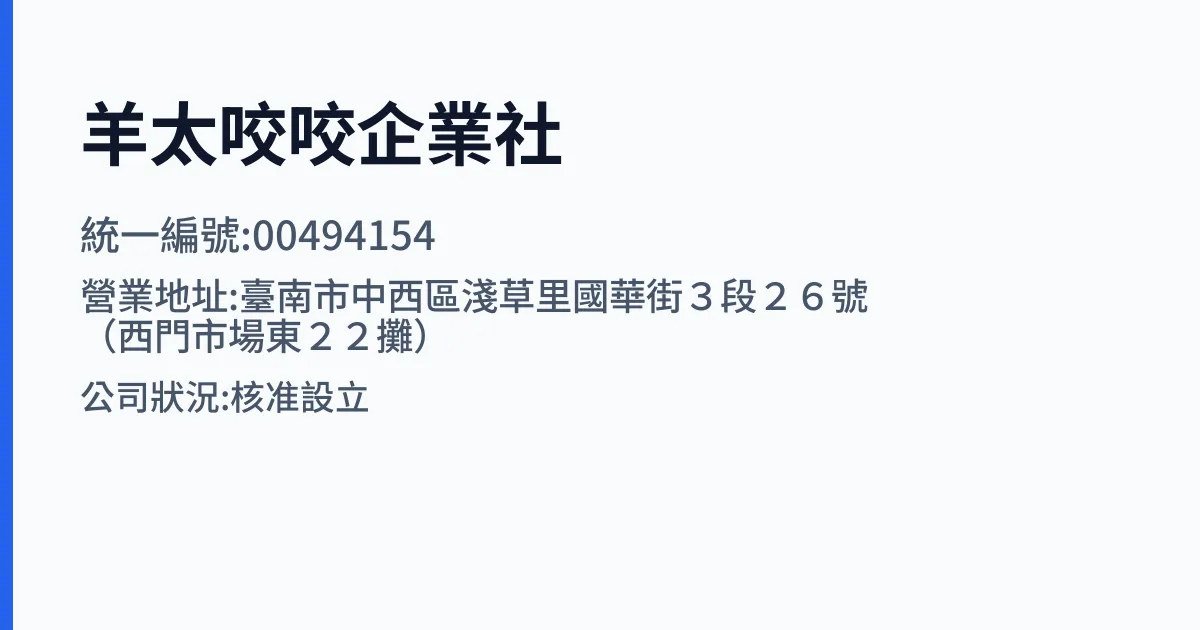 羊太咬咬企業社 - 統編 00494154(臺南市) 公司登記資料與營業項目詳細圖表