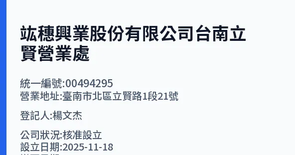 竑穗興業股份有限公司台南立賢營業處的照片-統編 00494295(臺南市) 公司登記資料與營業項目詳細圖表