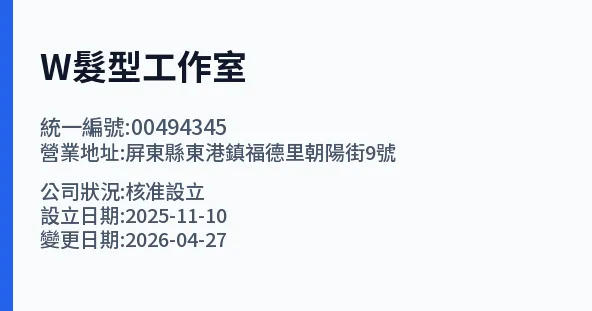 W髮型工作室的照片-統編 00494345(屏東縣) 公司登記資料與營業項目詳細圖表