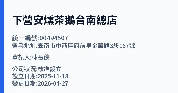 下營安燻茶鵝台南總店的照片-統編 00494507(臺南市) 公司登記資料與營業項目詳細圖表