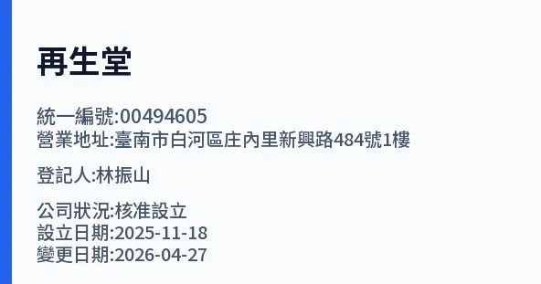 再生堂的照片-統編 00494605(臺南市) 公司登記資料與營業項目詳細圖表