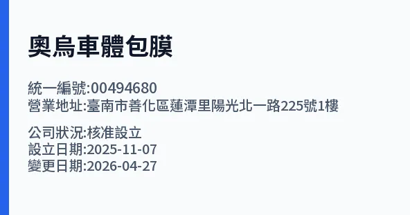 奧烏車體包膜的照片-統編 00494680(臺南市) 公司登記資料與營業項目詳細圖表