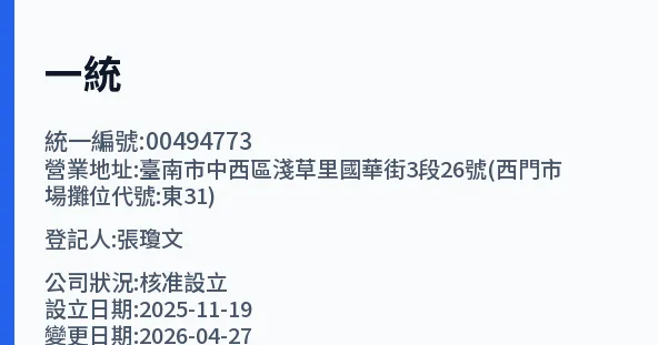 一統的照片-統編 00494773(臺南市) 公司登記資料與營業項目詳細圖表