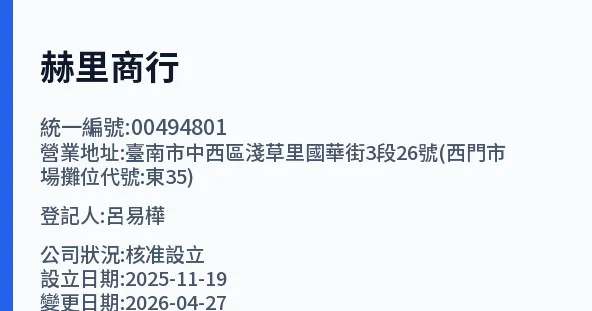 赫里商行的照片-統編 00494801(臺南市) 公司登記資料與營業項目詳細圖表