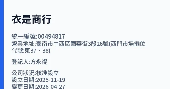 衣是商行的照片-統編 00494817(臺南市) 公司登記資料與營業項目詳細圖表