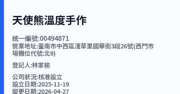 天使熊溫度手作的照片-統編 00494871(臺南市) 公司登記資料與營業項目詳細圖表