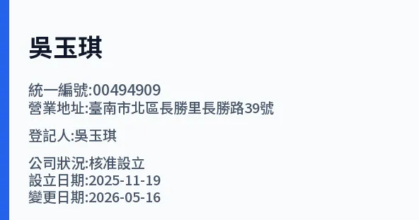 吳玉琪的照片-統編 00494909(臺南市) 公司登記資料與營業項目詳細圖表
