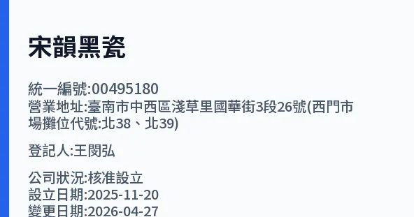 宋韻黑瓷的照片-統編 00495180(臺南市) 公司登記資料與營業項目詳細圖表