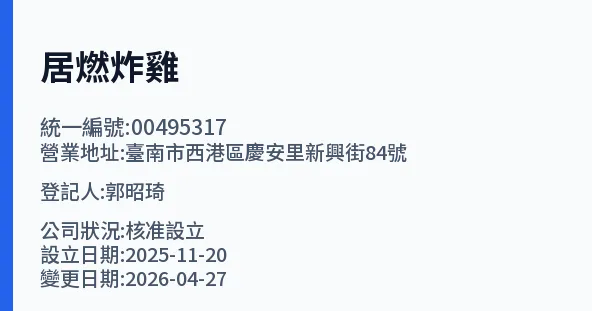 居燃炸雞的照片-統編 00495317(臺南市) 公司登記資料與營業項目詳細圖表