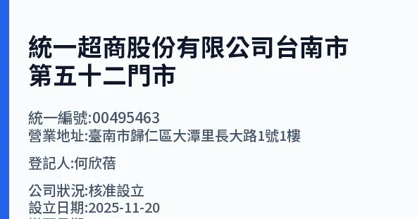 統一超商股份有限公司台南市第五十二門市的照片-統編 00495463(臺南市) 公司登記資料與營業項目詳細圖表