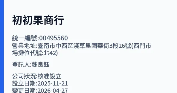 初初果商行的照片-統編 00495560(臺南市) 公司登記資料與營業項目詳細圖表