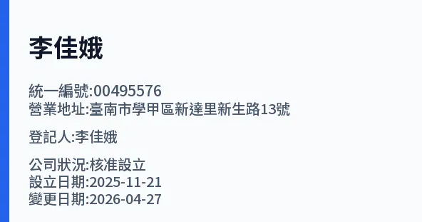 李佳娥的照片-統編 00495576(臺南市) 公司登記資料與營業項目詳細圖表