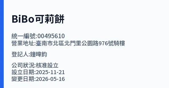 BiBo可莉餅的照片-統編 00495610(臺南市) 公司登記資料與營業項目詳細圖表