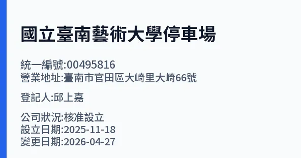 國立臺南藝術大學停車場的照片-統編 00495816(臺南市) 公司登記資料與營業項目詳細圖表