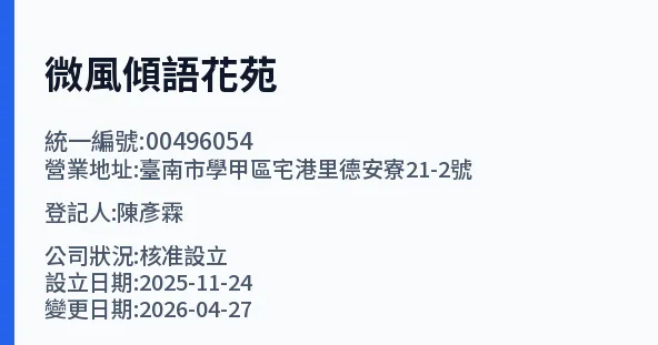 微風傾語花苑的照片-統編 00496054(臺南市) 公司登記資料與營業項目詳細圖表