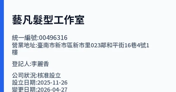 藝凡髮型工作室的照片-統編 00496316(臺南市) 公司登記資料與營業項目詳細圖表