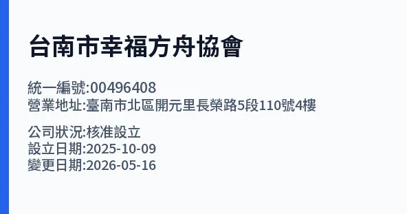 台南市幸福方舟協會的照片-統編 00496408(臺南市) 公司登記資料與營業項目詳細圖表