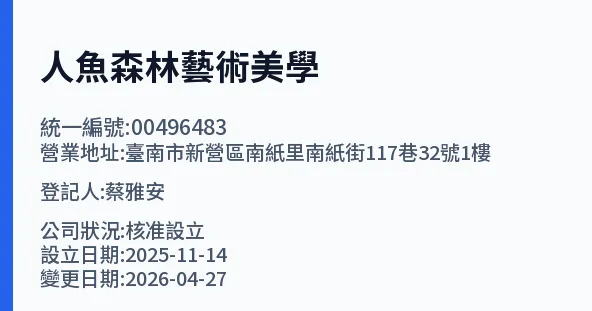人魚森林藝術美學的照片-統編 00496483(臺南市) 公司登記資料與營業項目詳細圖表