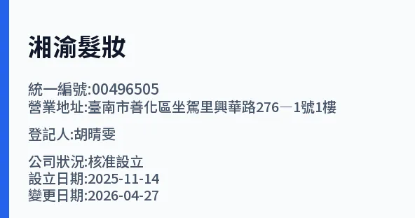 湘渝髮妝的照片-統編 00496505(臺南市) 公司登記資料與營業項目詳細圖表