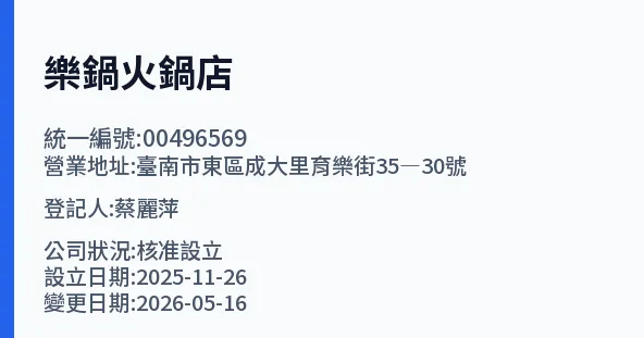 樂鍋火鍋店的照片-統編 00496569(臺南市) 公司登記資料與營業項目詳細圖表