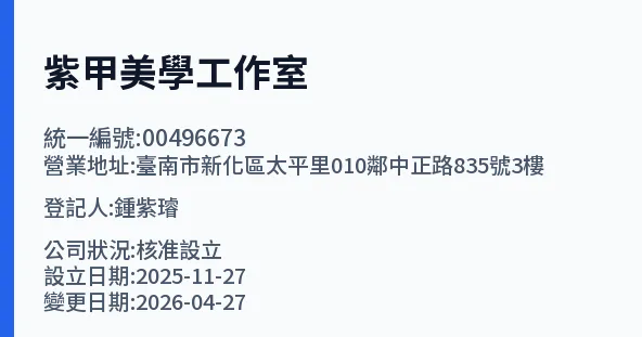 紫甲美學工作室的照片-統編 00496673(臺南市) 公司登記資料與營業項目詳細圖表