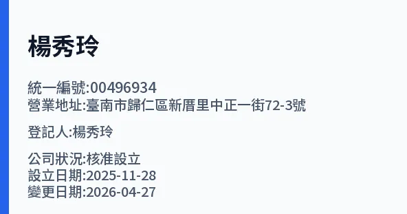 楊秀玲的照片-統編 00496934(臺南市) 公司登記資料與營業項目詳細圖表