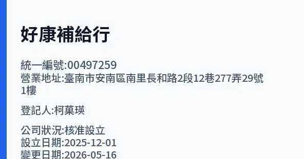 好康補給行的照片-統編 00497259(臺南市) 公司登記資料與營業項目詳細圖表
