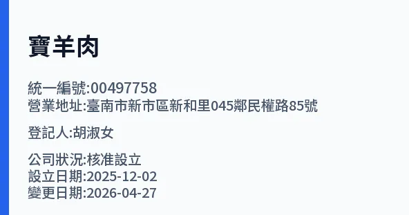 寶羊肉的照片-統編 00497758(臺南市) 公司登記資料與營業項目詳細圖表