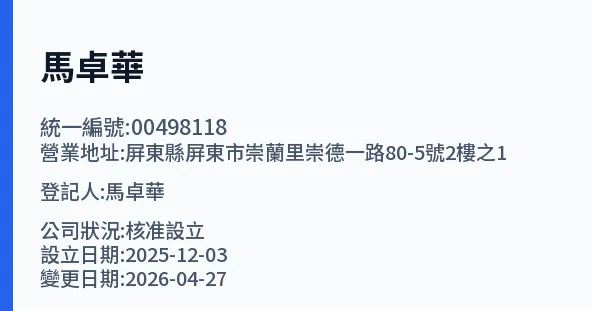 馬卓華的照片-統編 00498118(屏東縣) 公司登記資料與營業項目詳細圖表