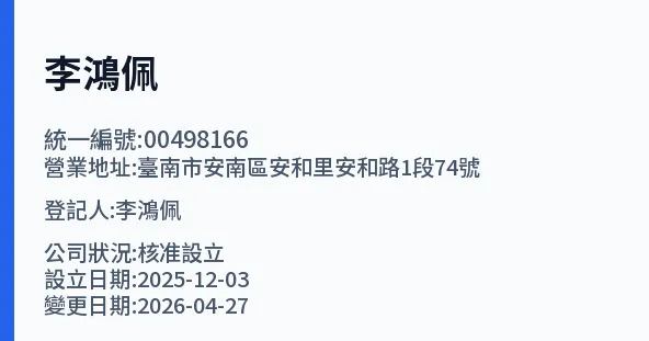 李鴻佩的照片-統編 00498166(臺南市) 公司登記資料與營業項目詳細圖表