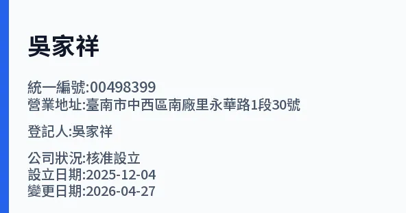 吳家祥的照片-統編 00498399(臺南市) 公司登記資料與營業項目詳細圖表
