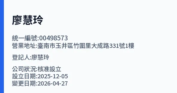 廖慧玲的照片-統編 00498573(臺南市) 公司登記資料與營業項目詳細圖表