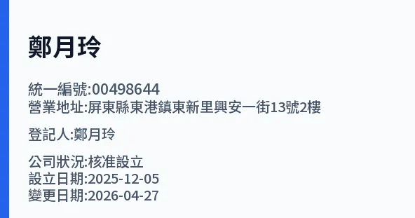 鄭月玲的照片-統編 00498644(屏東縣) 公司登記資料與營業項目詳細圖表