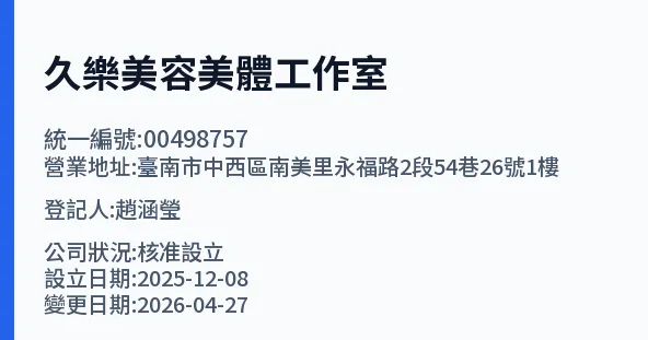 久樂美容美體工作室的照片-統編 00498757(臺南市) 公司登記資料與營業項目詳細圖表