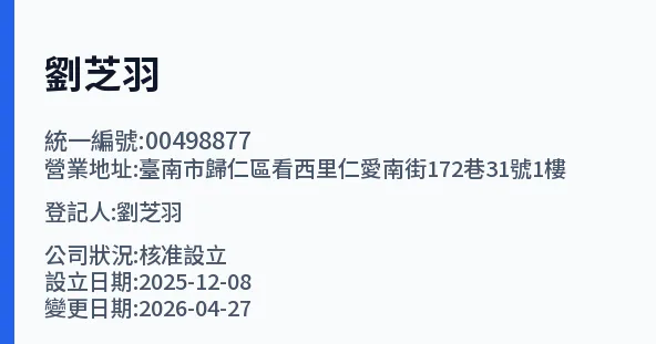 劉芝羽的照片-統編 00498877(臺南市) 公司登記資料與營業項目詳細圖表