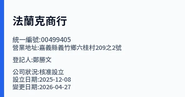 法蘭克商行的照片-統編 00499405(嘉義縣) 公司登記資料與營業項目詳細圖表