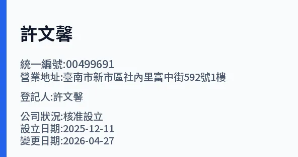 許文馨的照片-統編 00499691(臺南市) 公司登記資料與營業項目詳細圖表