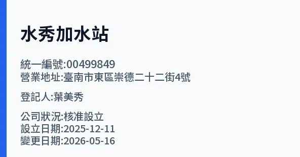 水秀加水站的照片-統編 00499849(臺南市) 公司登記資料與營業項目詳細圖表