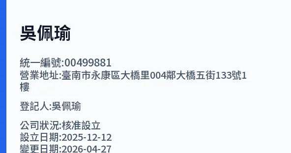 吳佩瑜的照片-統編 00499881(臺南市) 公司登記資料與營業項目詳細圖表