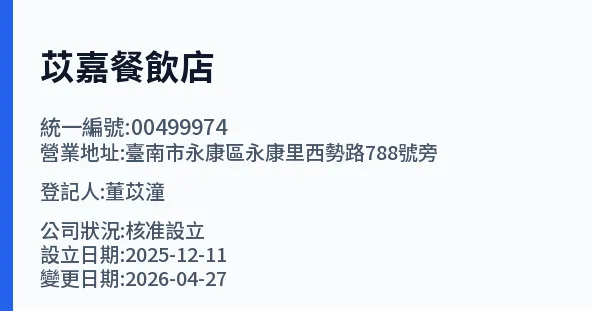 苡嘉餐飲店的照片-統編 00499974(臺南市) 公司登記資料與營業項目詳細圖表