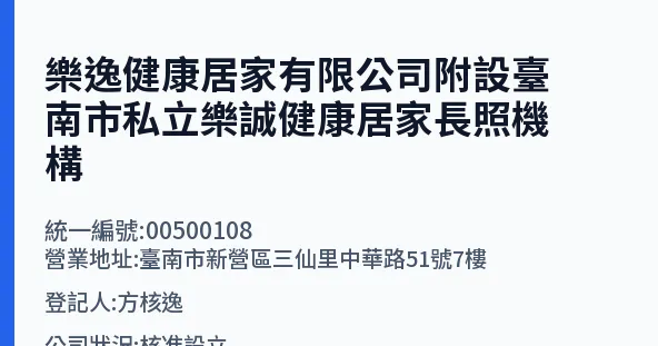 樂逸健康居家有限公司附設臺南市私立樂誠健康居家長照機構的照片-統編 00500108(臺南市) 公司登記資料與營業項目詳細圖表