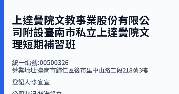 上達黌院文教事業股份有限公司附設臺南市私立上達黌院文理短期補習班的照片-統編 00500326(臺南市) 公司登記資料與營業項目詳細圖表
