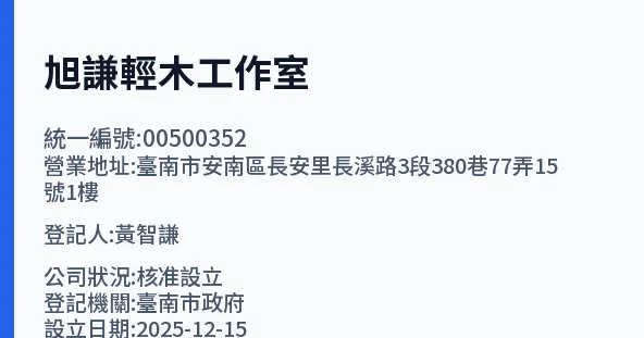 旭謙輕木工作室的照片-統編 00500352(臺南市) 公司登記資料與營業項目詳細圖表